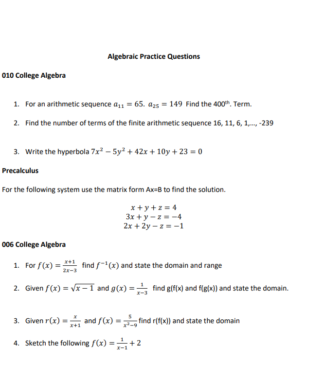Solved Algebraic Practice Questions 010 College Algebra 1. | Chegg.com
