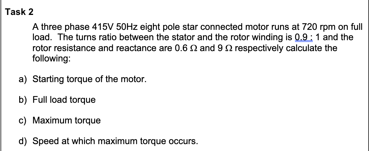 Solved A three phase 415V 50Hz eight pole star | Chegg.com