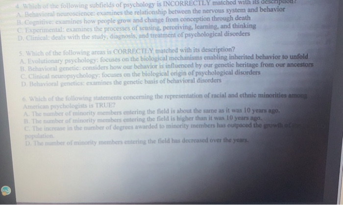 Solved which of the following subfields of psychology is | Chegg.com