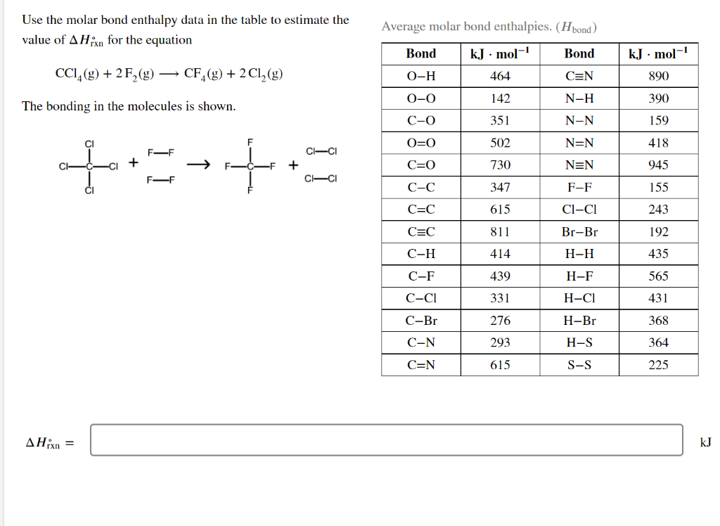 Solved Use the molar bond enthalpy data in the table to | Chegg.com