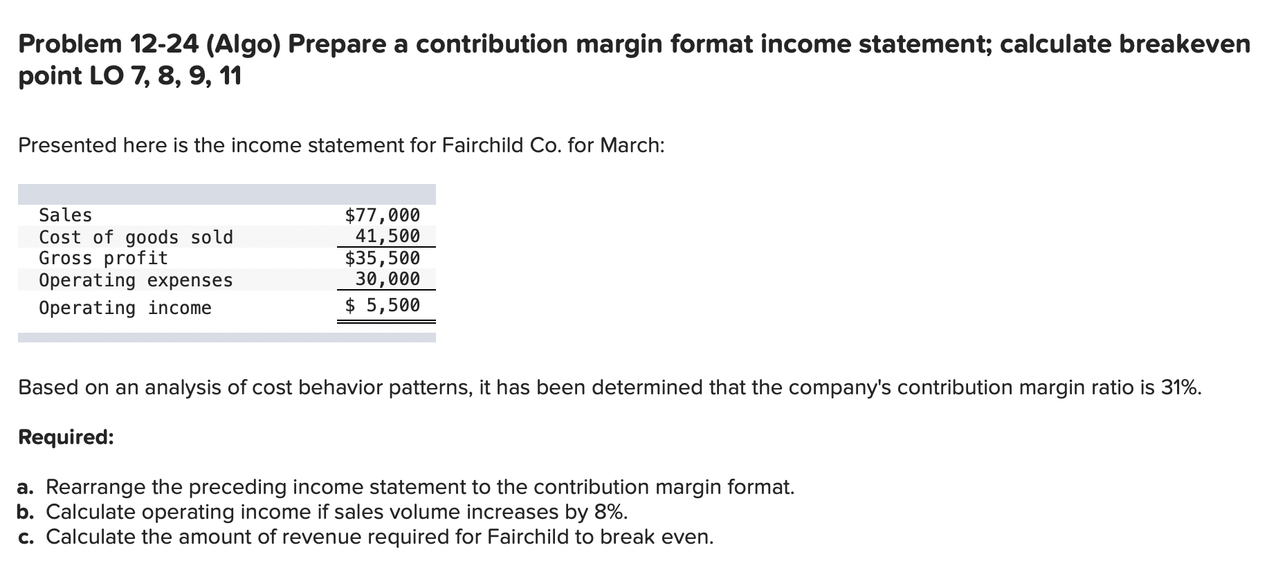 Solved Problem 12-24 (Algo) Prepare a contribution margin | Chegg.com