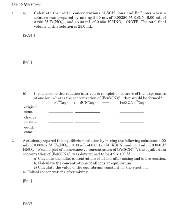 Solved 1.a) ﻿Calculate the initial concentrations of | Chegg.com