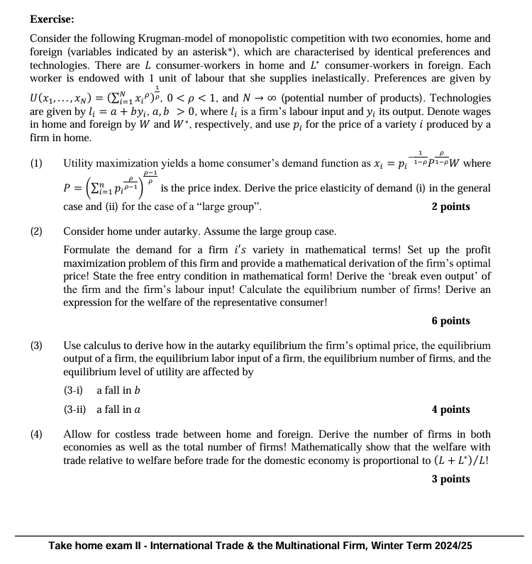 Solved Exercise:Consider the following Krugman-model of | Chegg.com