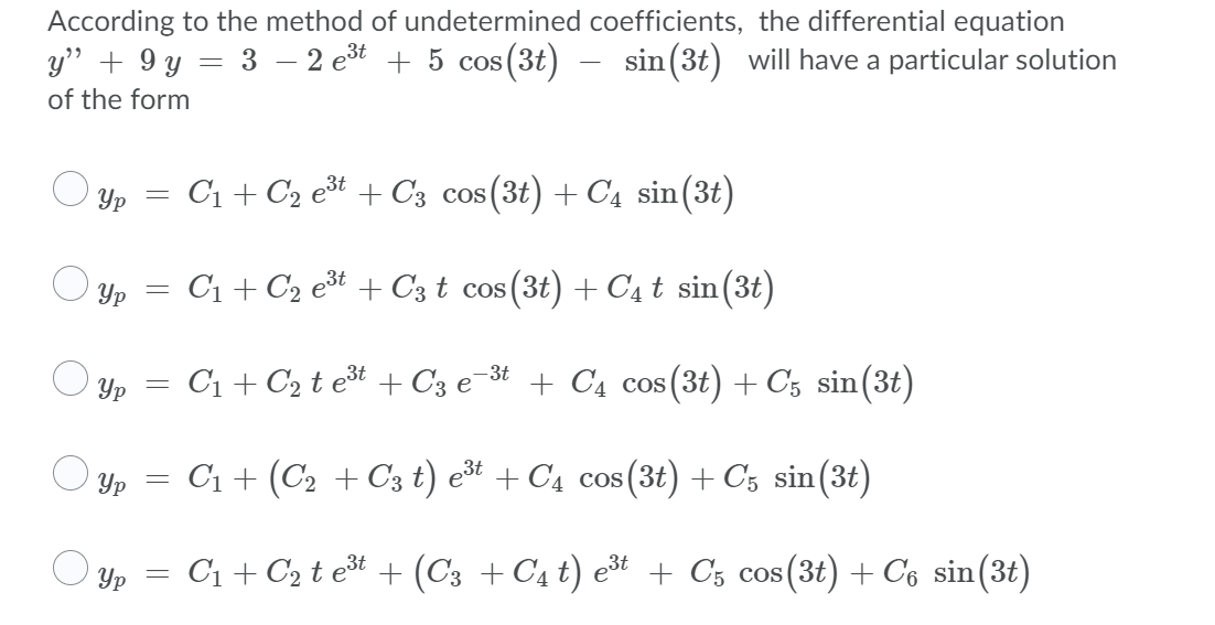 Solved According to the method of undetermined coefficients, | Chegg.com
