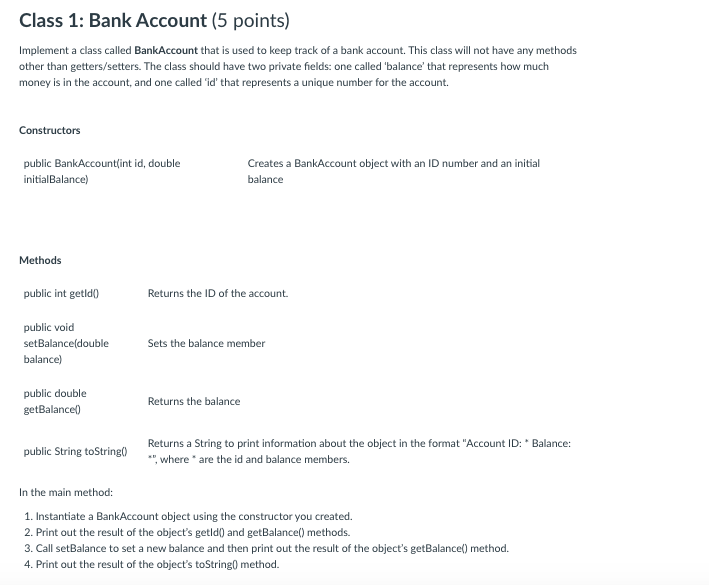 Solved Class 1: Bank Account (5 points) Implement a class | Chegg.com