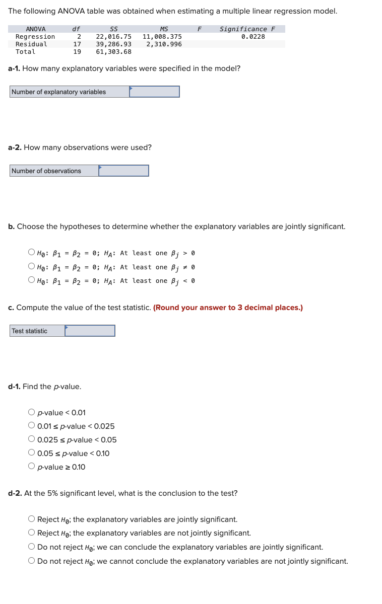 Solved The following ANOVA table was obtained when | Chegg.com