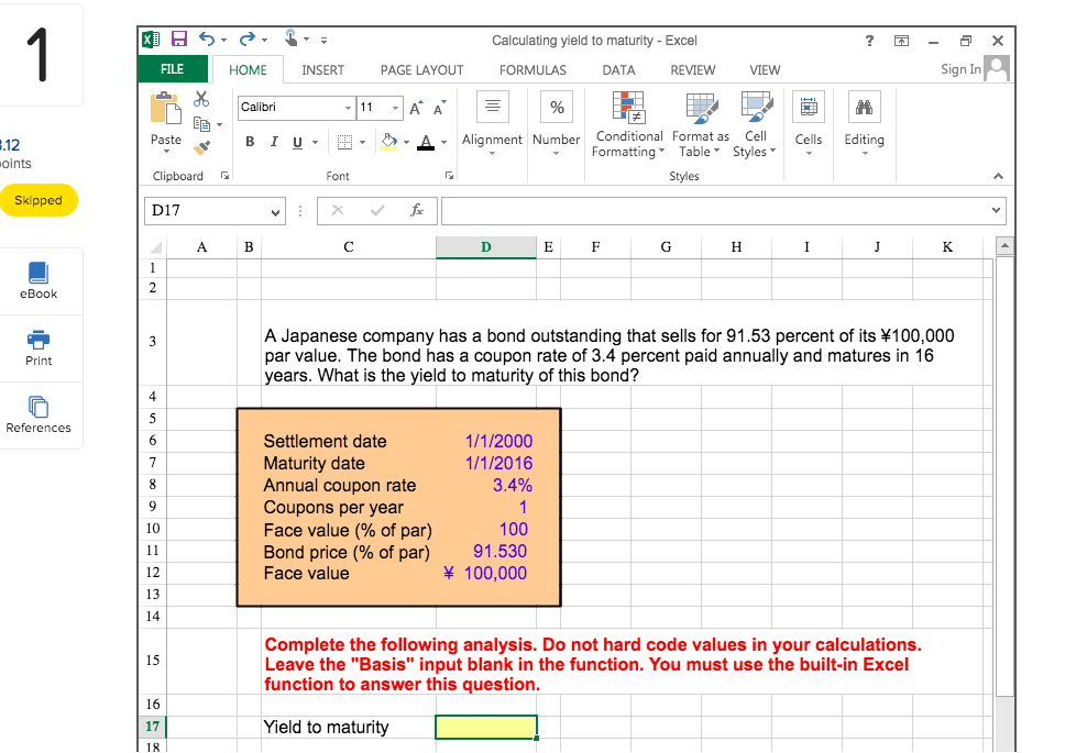 Solved X 5 X HOME Calculating Yield To Maturity Excel Chegg