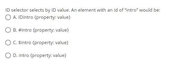 Solved ID selector selects by ID value. An element with an | Chegg.com