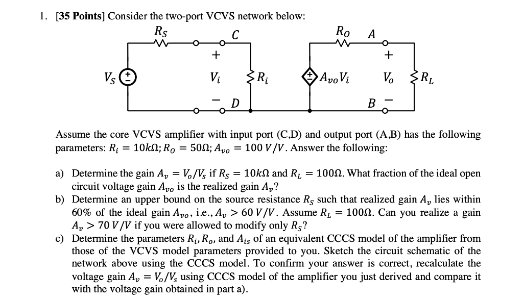 Solved 1. [35 Points] Consider the two-port VCVS network | Chegg.com