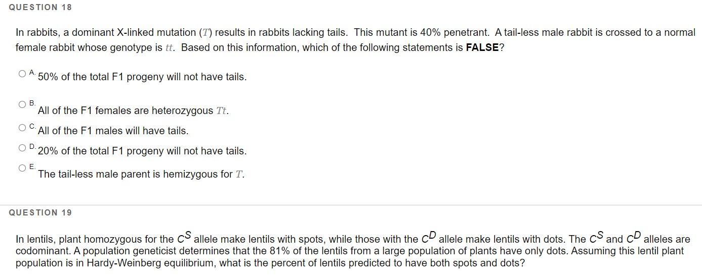 Solved QUESTION 18 In rabbits, a dominant X-linked mutation | Chegg.com