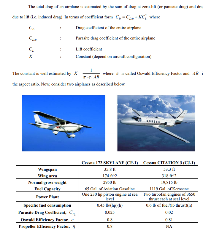 The total drag of an airplane is estimated by the sum | Chegg.com