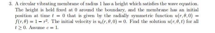 Solved 3. A circular vibrating membrane of radius 1 has a | Chegg.com