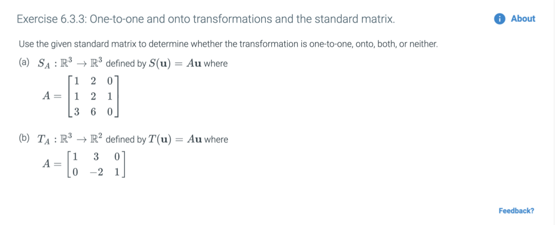 Solved Exercise 6.3.3: One-to-one and onto transformations | Chegg.com