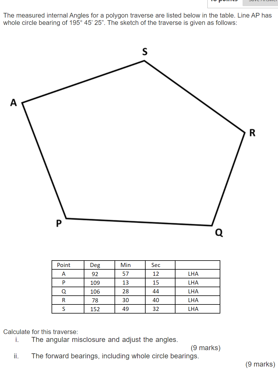 Solved The measured internal Angles for a polygon traverse | Chegg.com