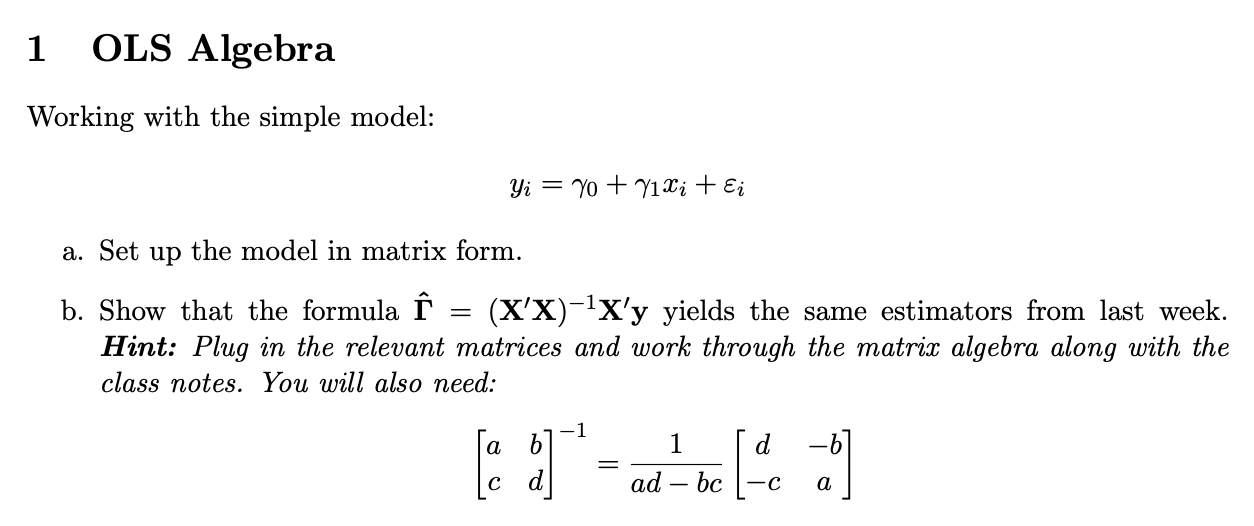 Solved 1 OLS Algebra Working with the simple model: Yi = 70 | Chegg.com