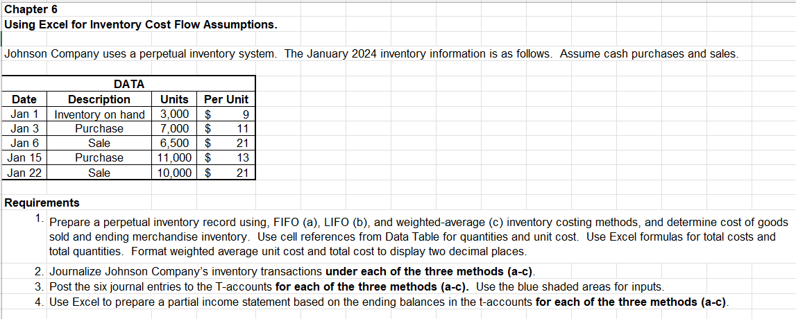 Chapter 6 Using Excel for Inventory Cost Flow | Chegg.com