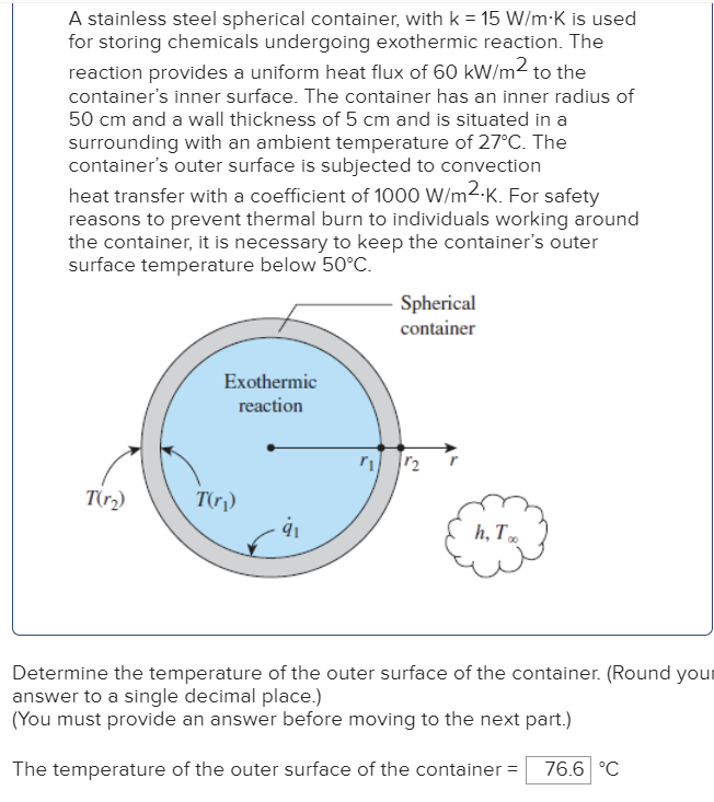 Solved A stainless steel spherical container, with k=15 | Chegg.com