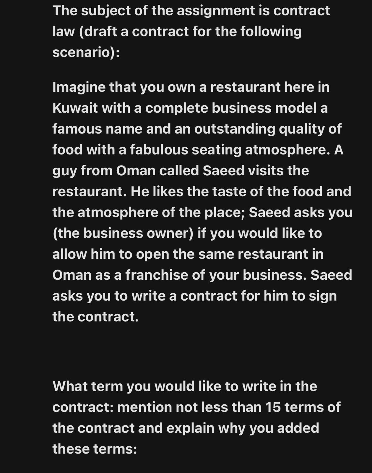 Solved The subject of the assignment is contract law (draft | Chegg.com