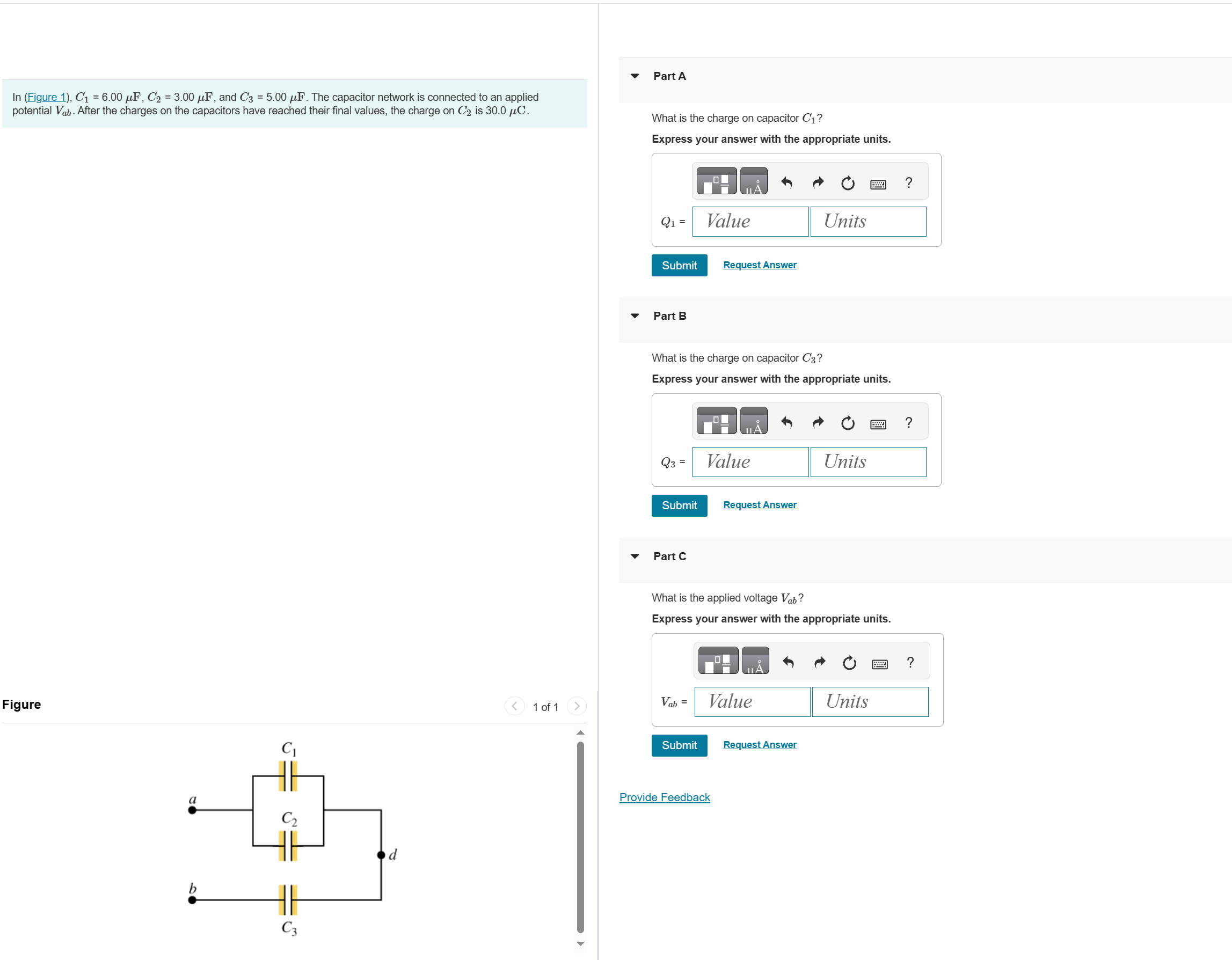 Solved In (Figure 1), C1=6.00μF,C2=3.00μF, and C3=5.00μF. | Chegg.com