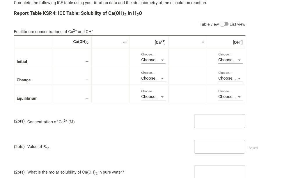 Report Table KSP.1: Titation Data (calcium hydroxide | Chegg.com