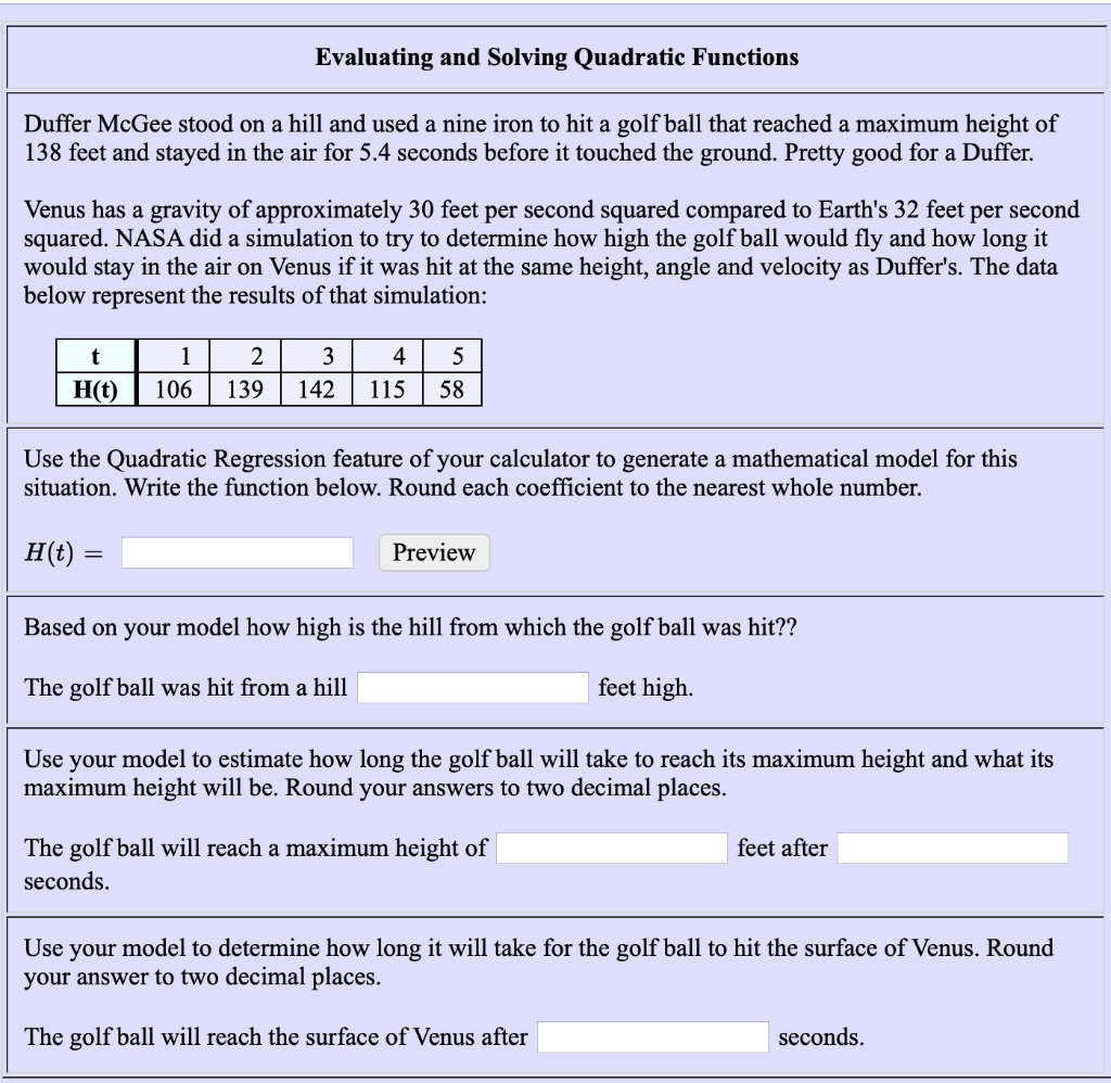 Solved Evaluating and Solving Quadratic Functions Duffer | Chegg.com