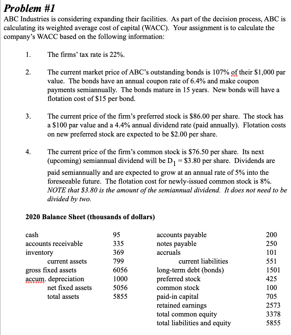 Solved Problem #1 ABC Industries is considering expanding | Chegg.com