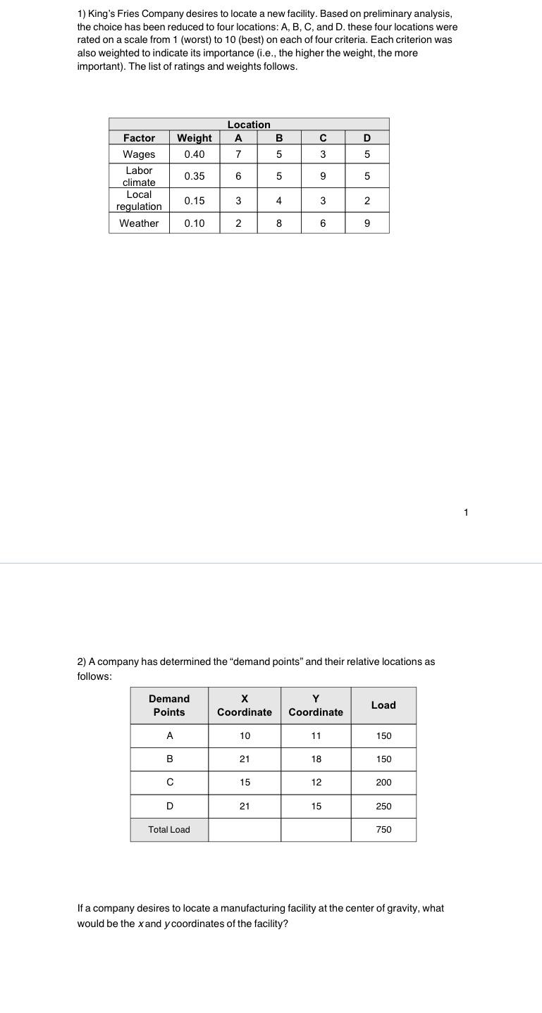 Solved 1) King's Fries Company desires to locate a new | Chegg.com