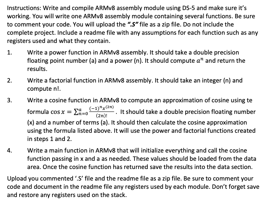 Solved Instructions: Write and compile ARMv8 assembly module | Chegg.com Solved Instructions: Write and compile ARMv8 assembly module | Chegg.com