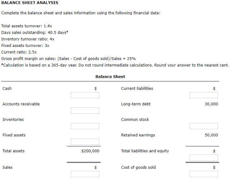 Solved BALANCE SHEET ANALYSIS Complete the balance sheet and | Chegg.com