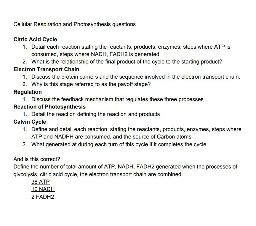 Solved Cellular Respiration and Photosynthesis questions | Chegg.com