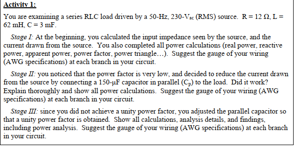 Solved Activity 1:You are examining a series RLC load driven | Chegg.com