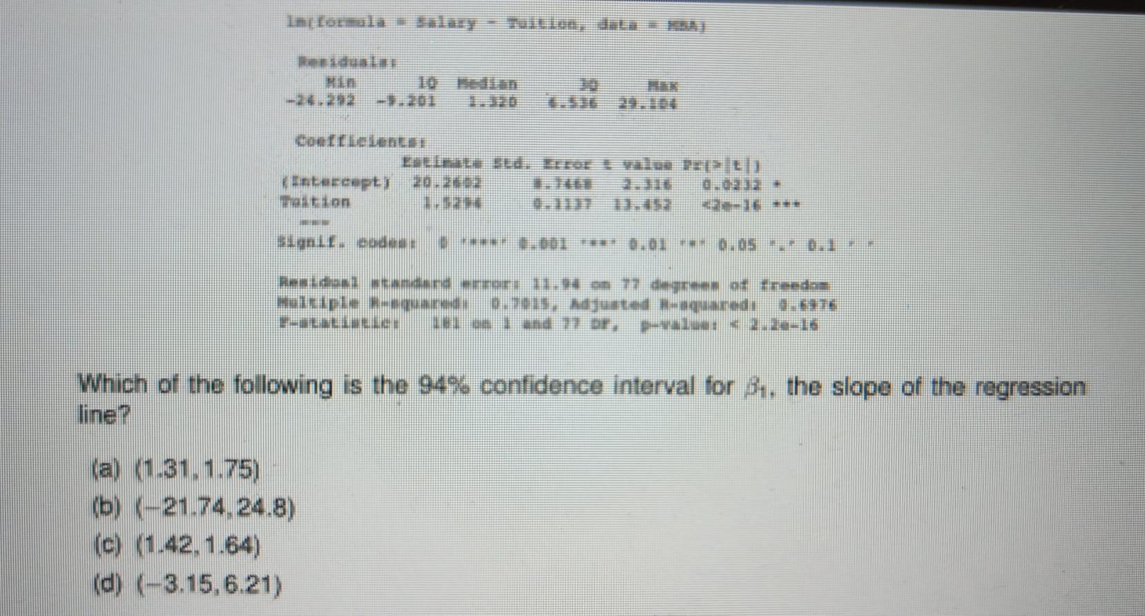 Solved The table below shows partial data set used in a | Chegg.com