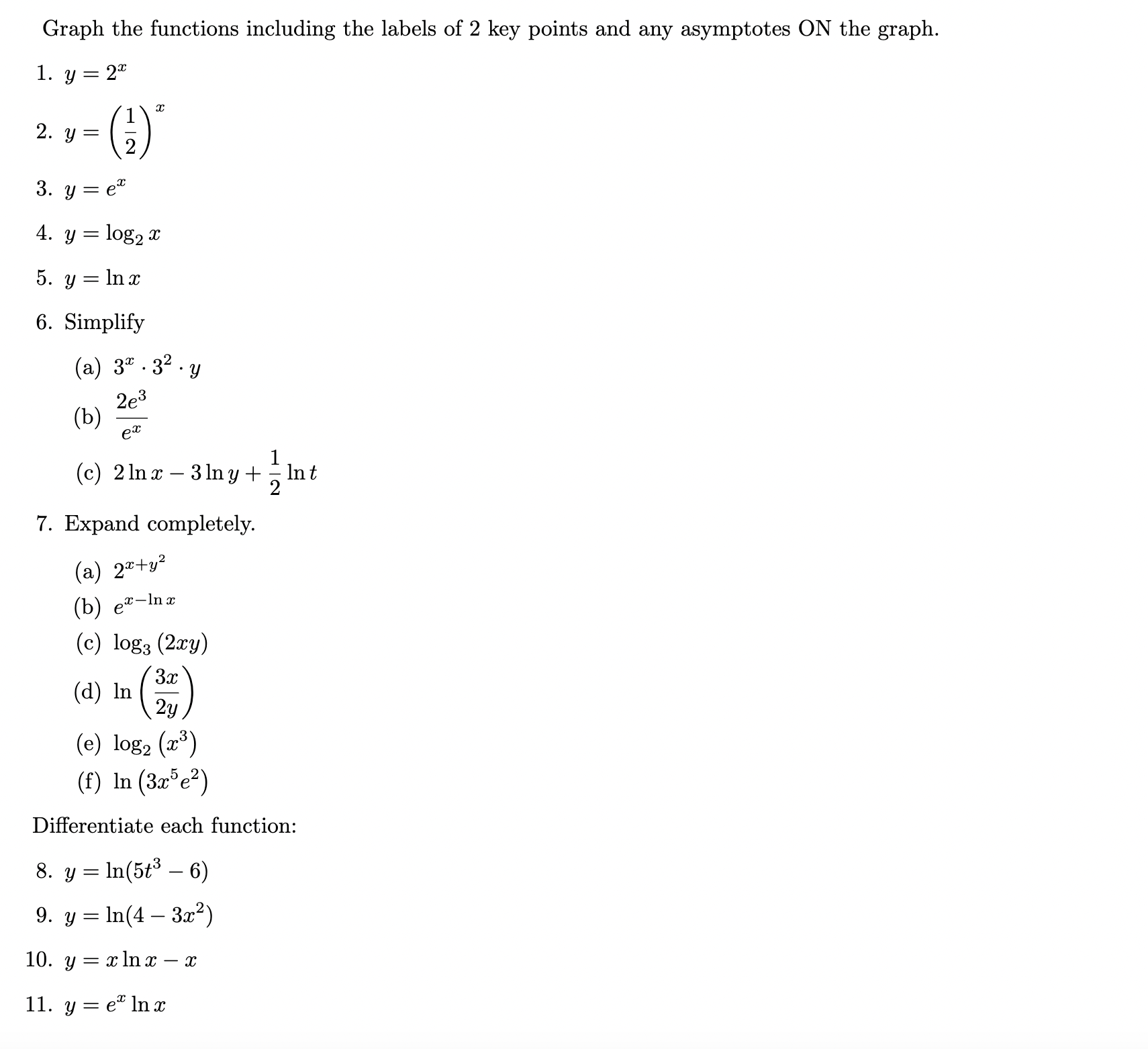 Solved 1. y=2x 2. y=(21)x 3. y=ex 4. y=log2x 5. y=lnx 6. | Chegg.com