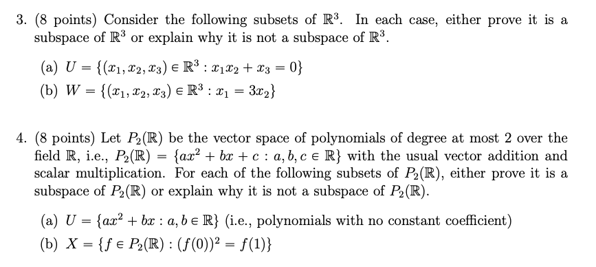Solved 3. (8 points) Consider the following subsets of R3. | Chegg.com