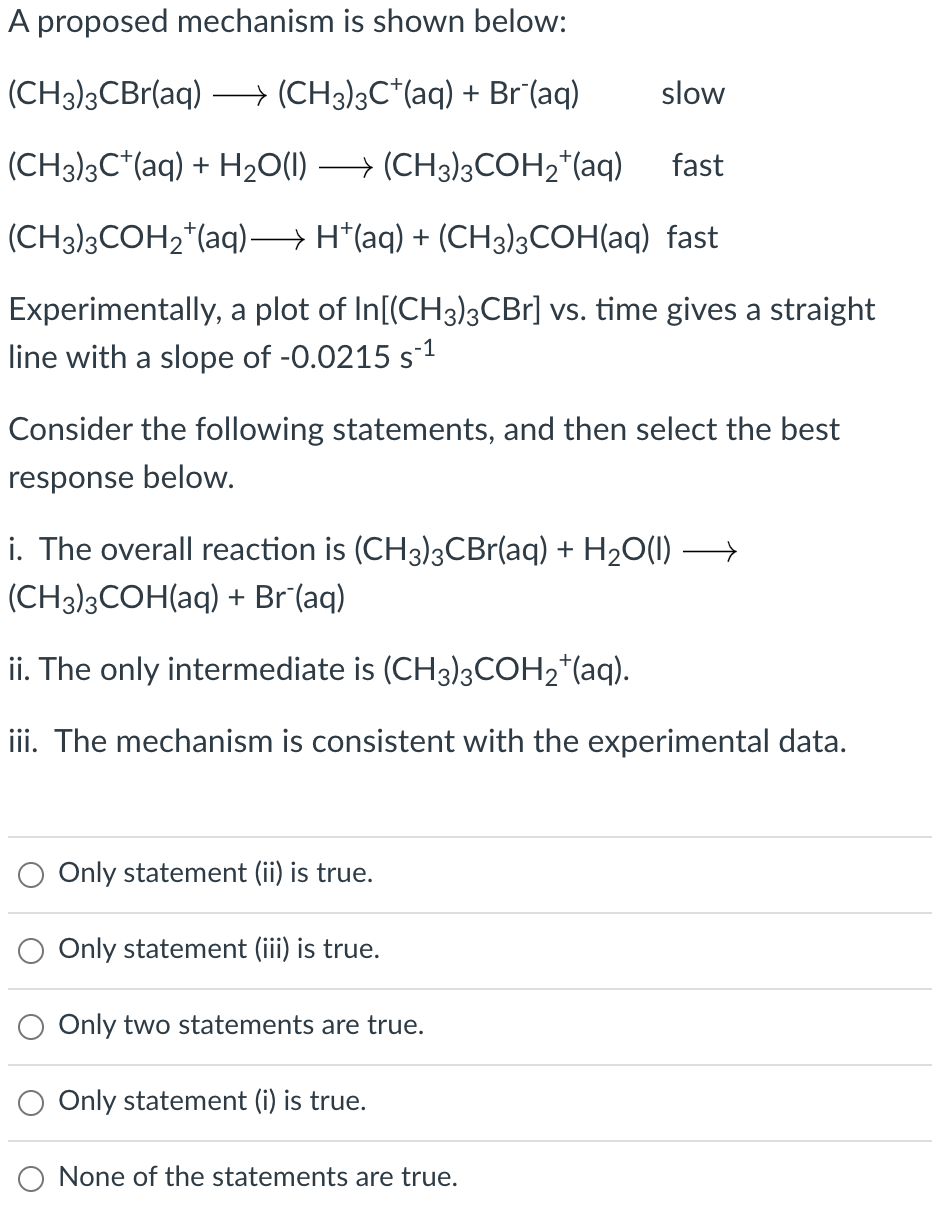 Solved A proposed mechanism is shown below: (CH3)3CBr(aq) + | Chegg.com