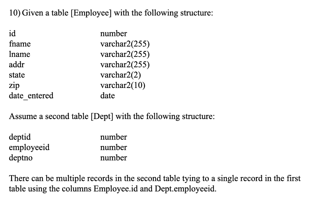 Solved 10) Given a table [Employee) with the following | Chegg.com