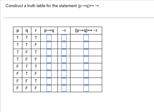 Solved Construct a truth table for the statement (p→q)↔∼r. | Chegg.com