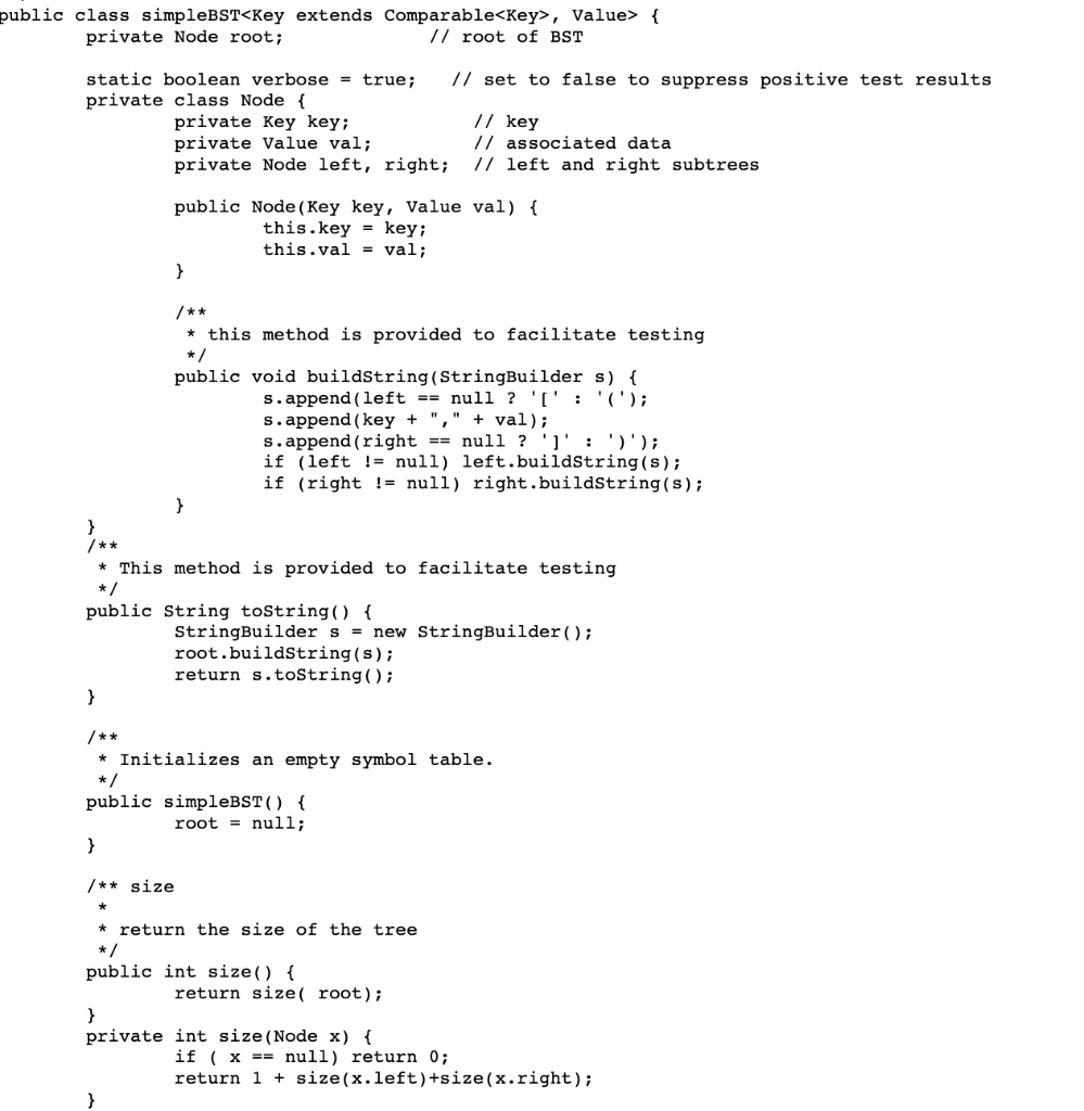 Solved public class simpleBST { private Node root; // root | Chegg.com
