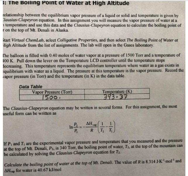 Solved 1: The Boiling Point of Water at High Altitude | Chegg.com