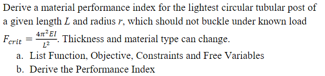 Solved Derive a material performance index for the lightest | Chegg.com