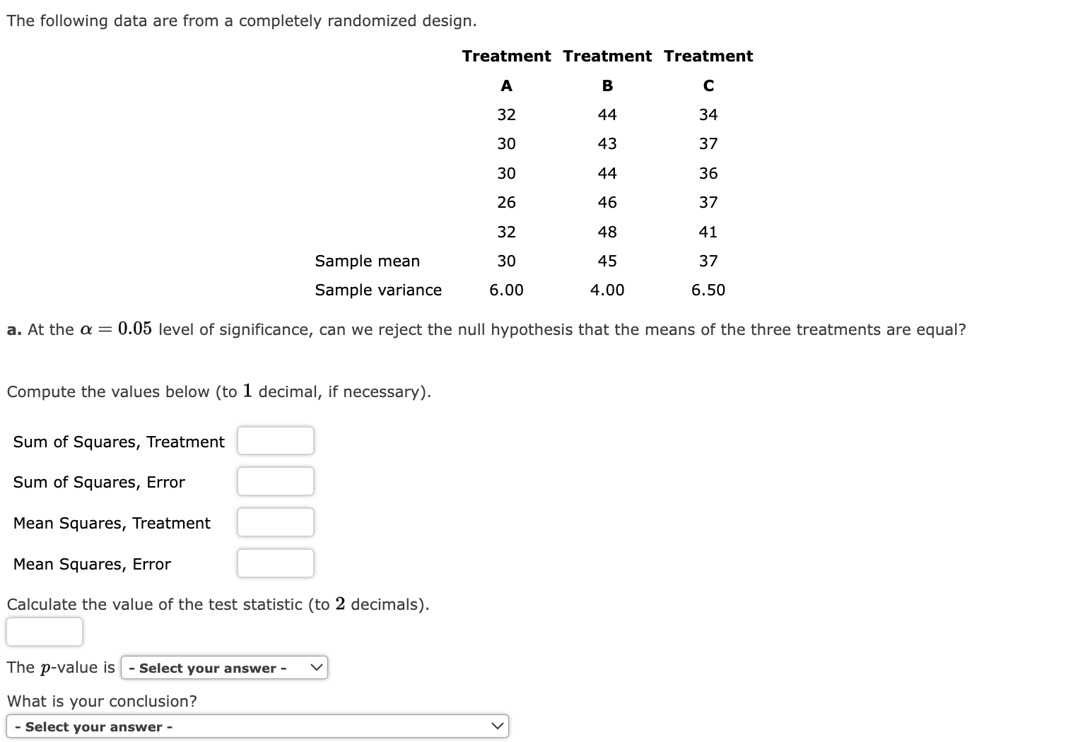 Solved The following data are from a completely randomized | Chegg.com
