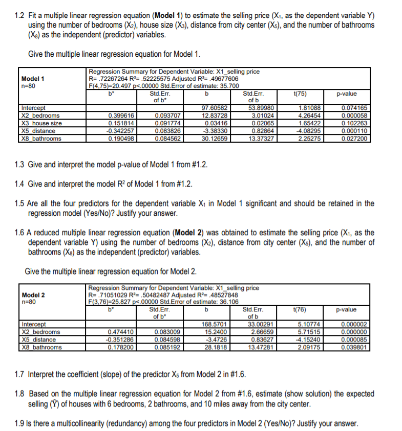 Multiple Linear Regression Analysis Real Estate Data | Chegg.com