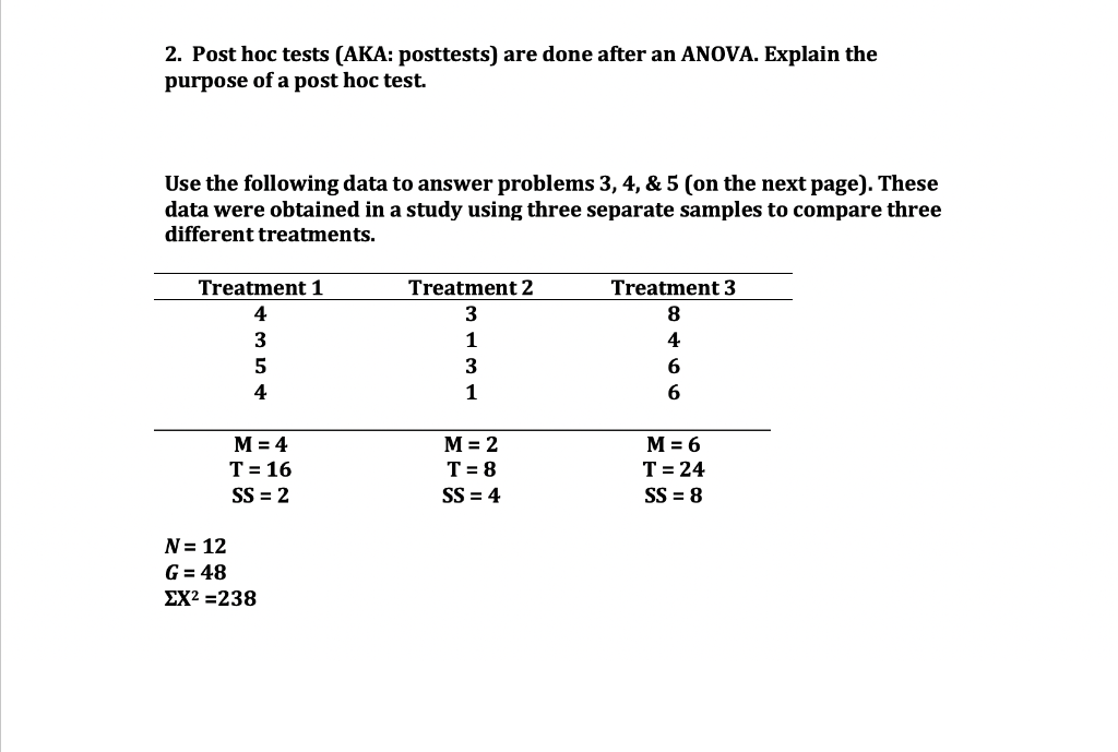Solved 2. Post hoc tests (AKA: posttests) are done after an | Chegg.com