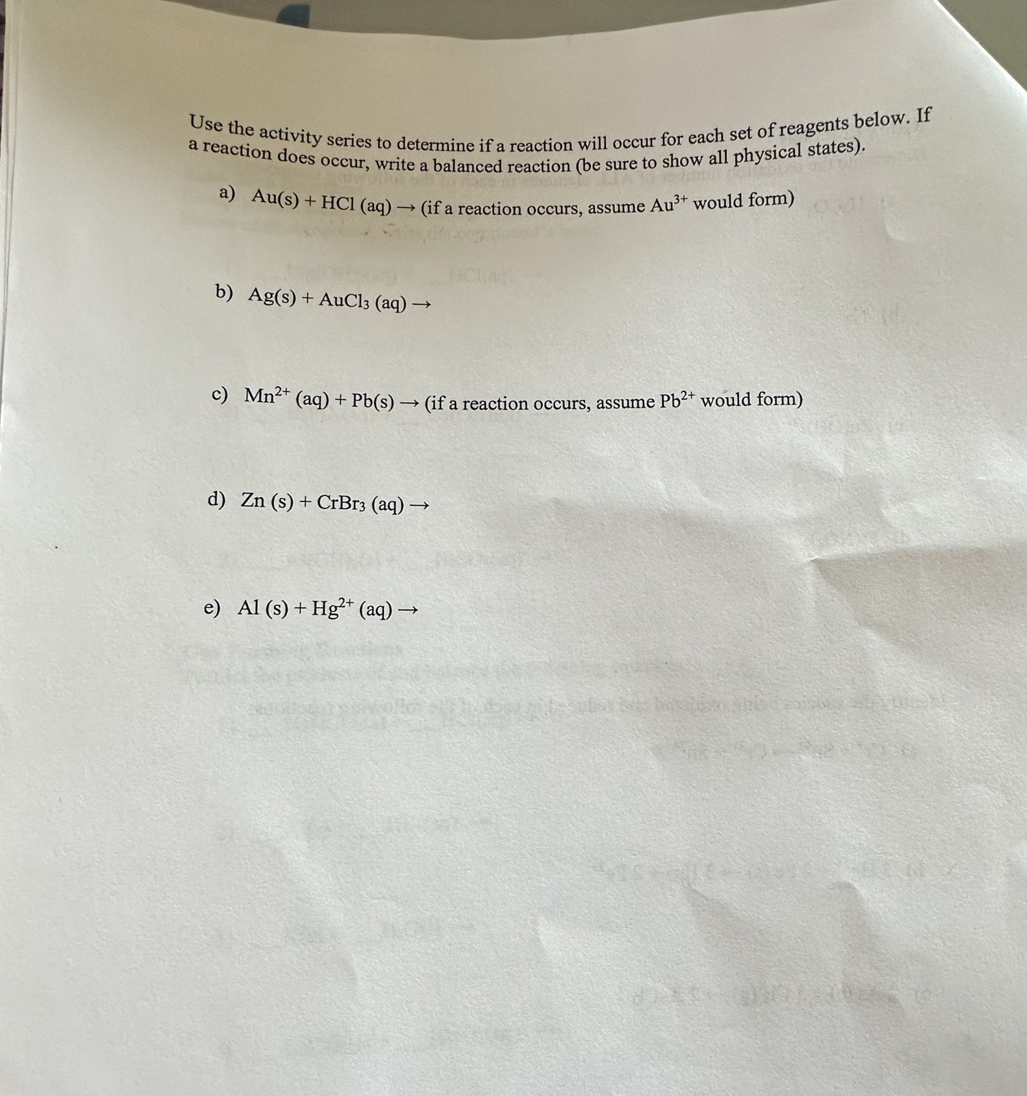 Solved Use the activity series to determine if a reaction | Chegg.com