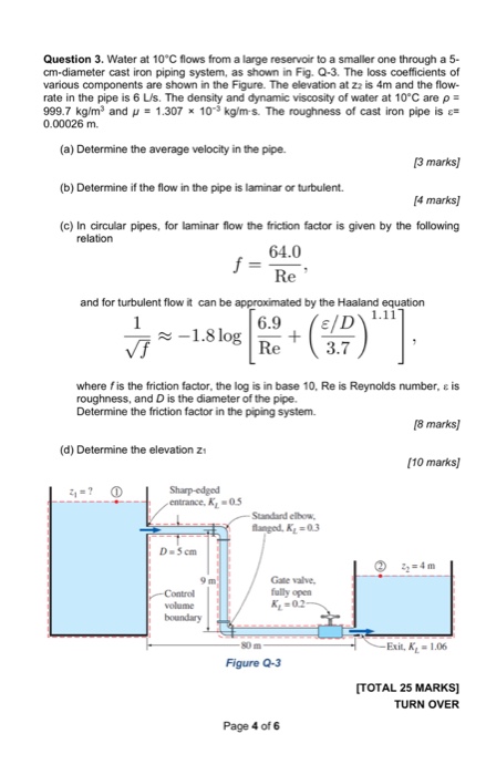 Solved Water at 10 degree C flows from a large reservoir to | Chegg.com