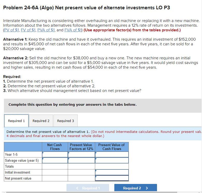 Solved Problem 24-6A (Algo) Net present value of alternate | Chegg.com