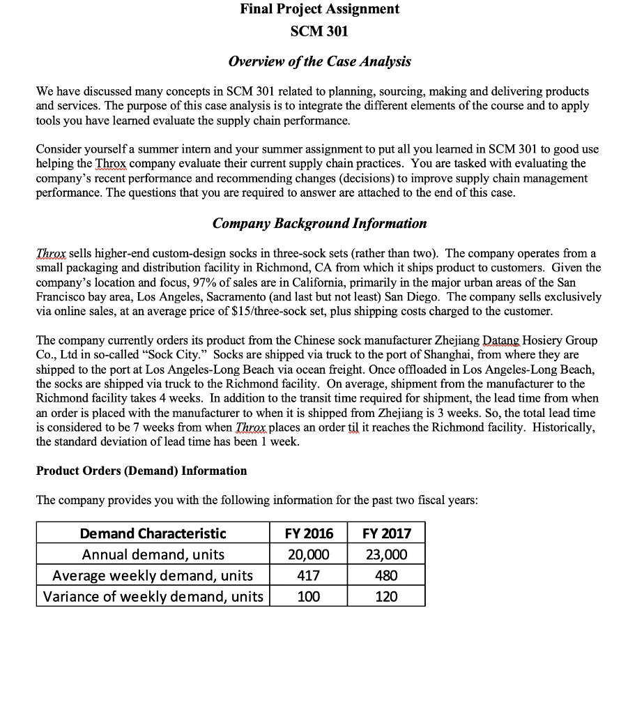 Final Project Assignment SCM 301 Overview of the Case | Chegg.com