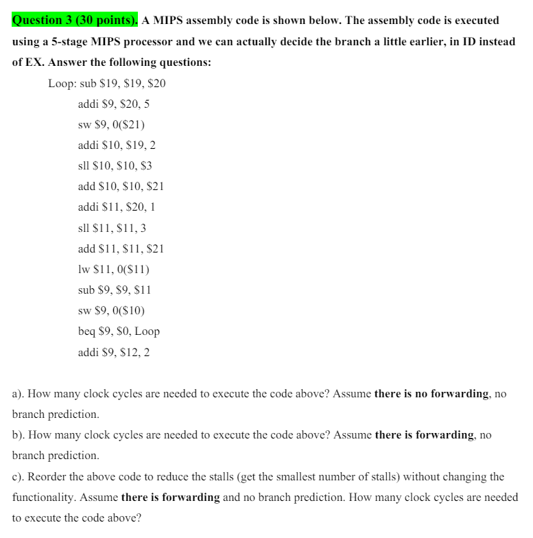 Solved Question 3 30 ﻿points ﻿a Mips Assembly Code Is 