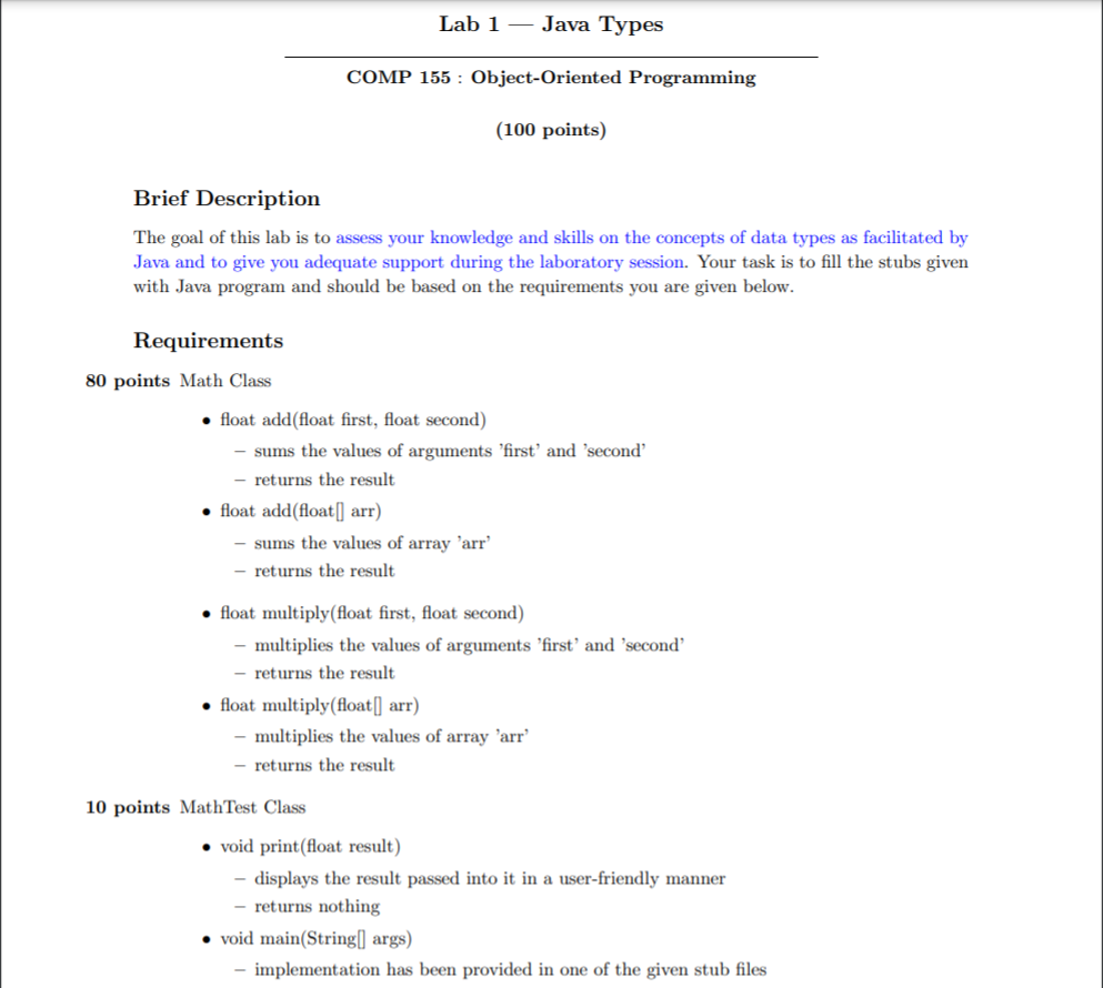 Solved Lab 1 - Java Types COMP 155 : Object-Oriented | Chegg.com
