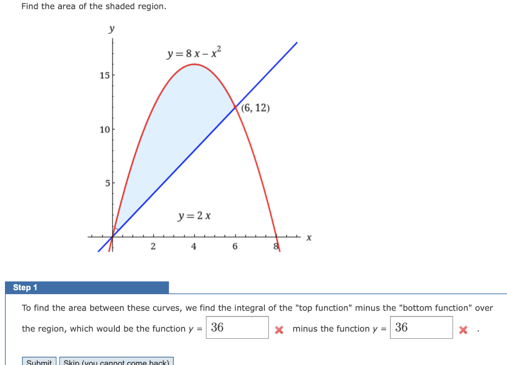 Solved Find the area of the shaded region. Step 1 To find | Chegg.com